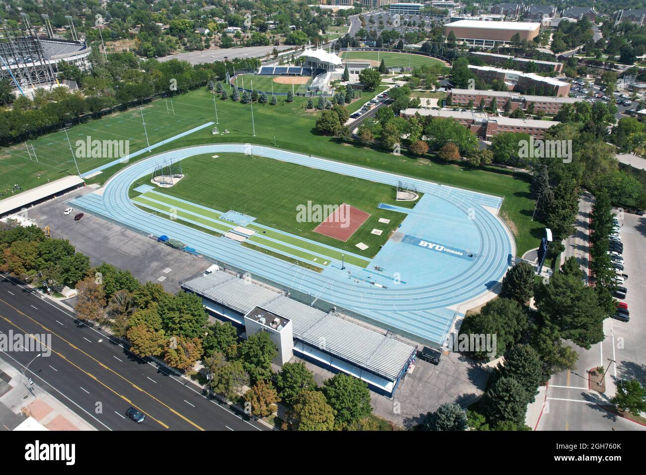 An aerial view of Clarence F. Robison Track on the campus of Brigham ...