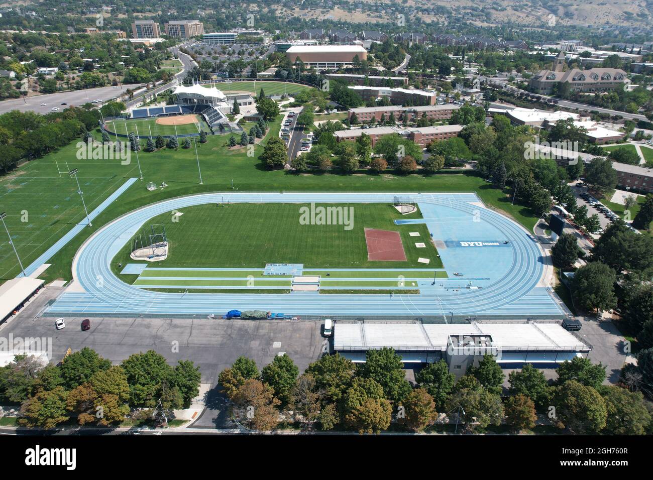 An aerial view of Clarence F. Robison Track on the campus of Brigham ...