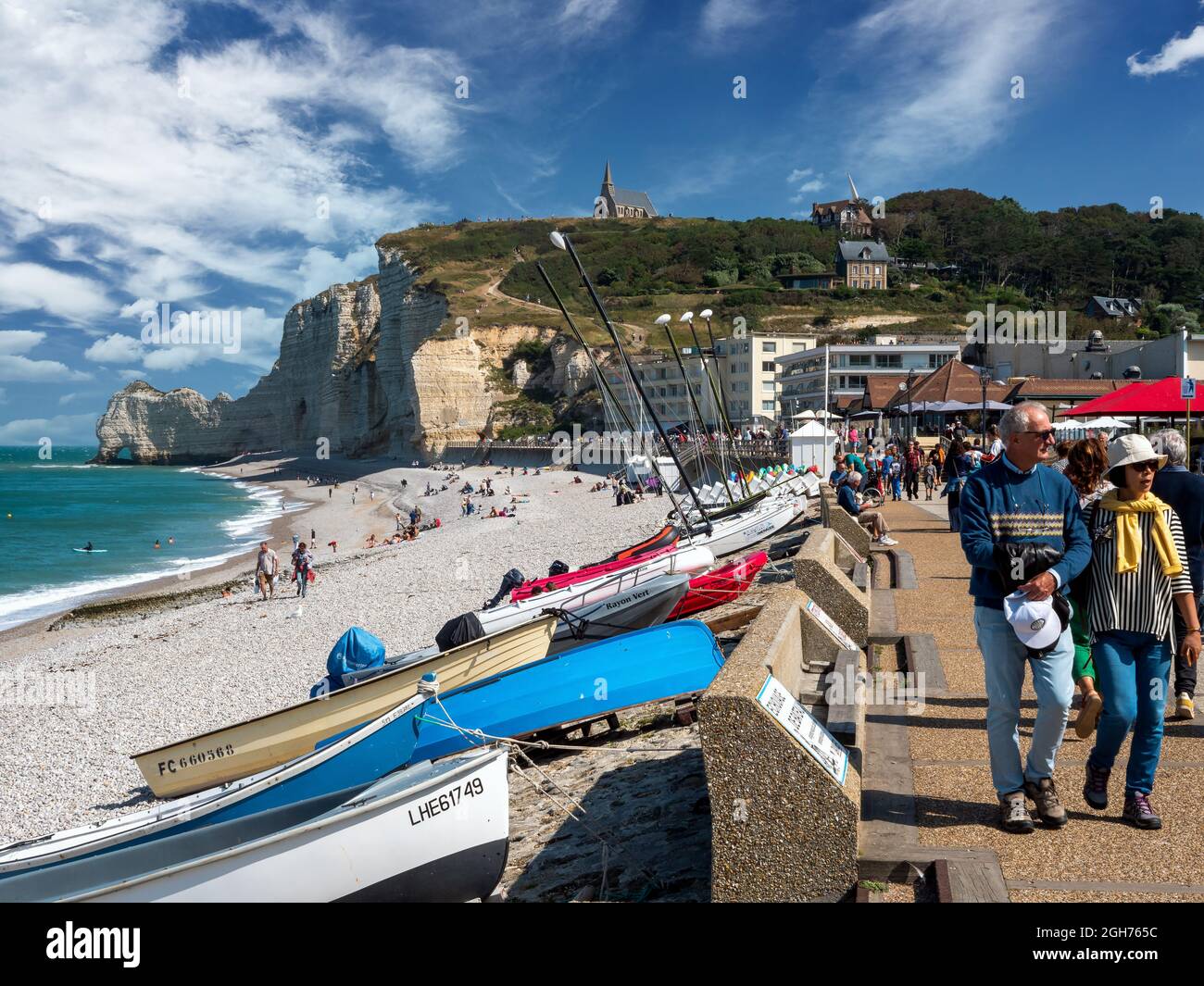Etretat, France, Normandy September 2021. Tourists on the promenade and ...