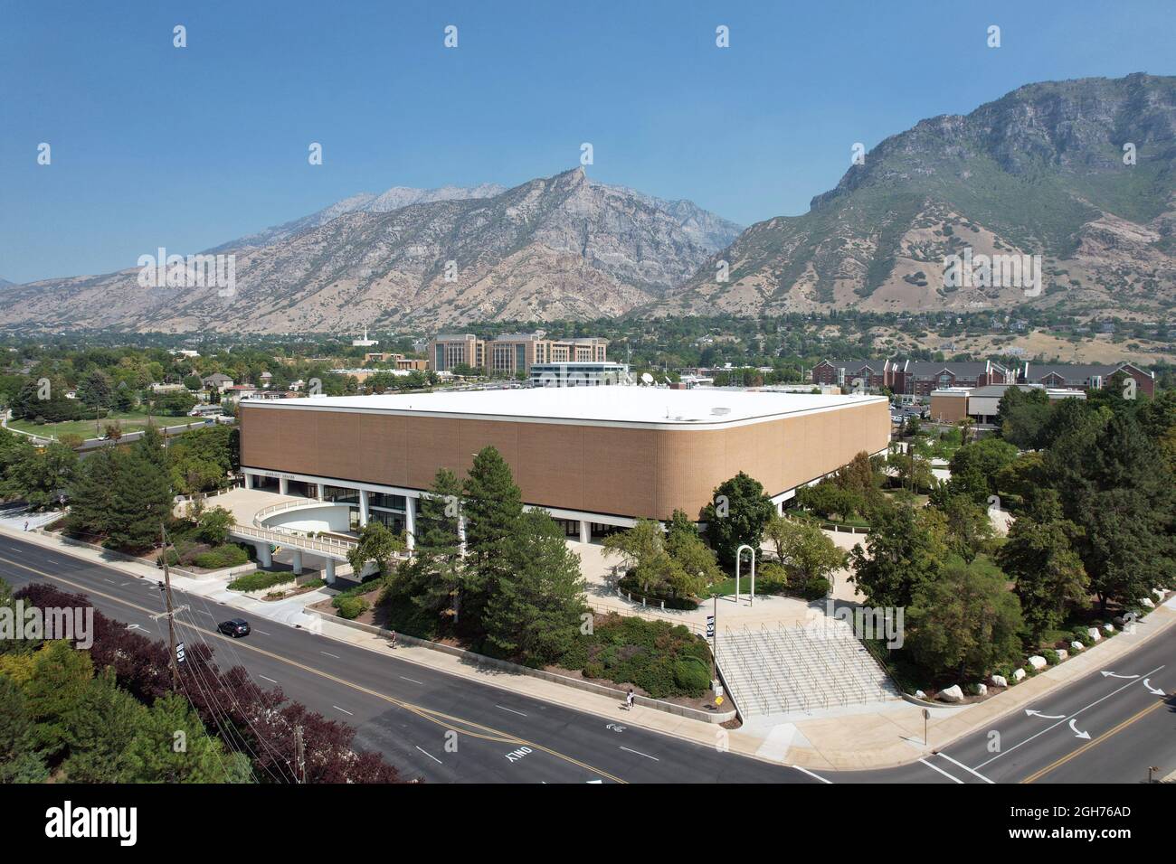 An aerial view of the Marriott Center on the campus of Brigham Young ...