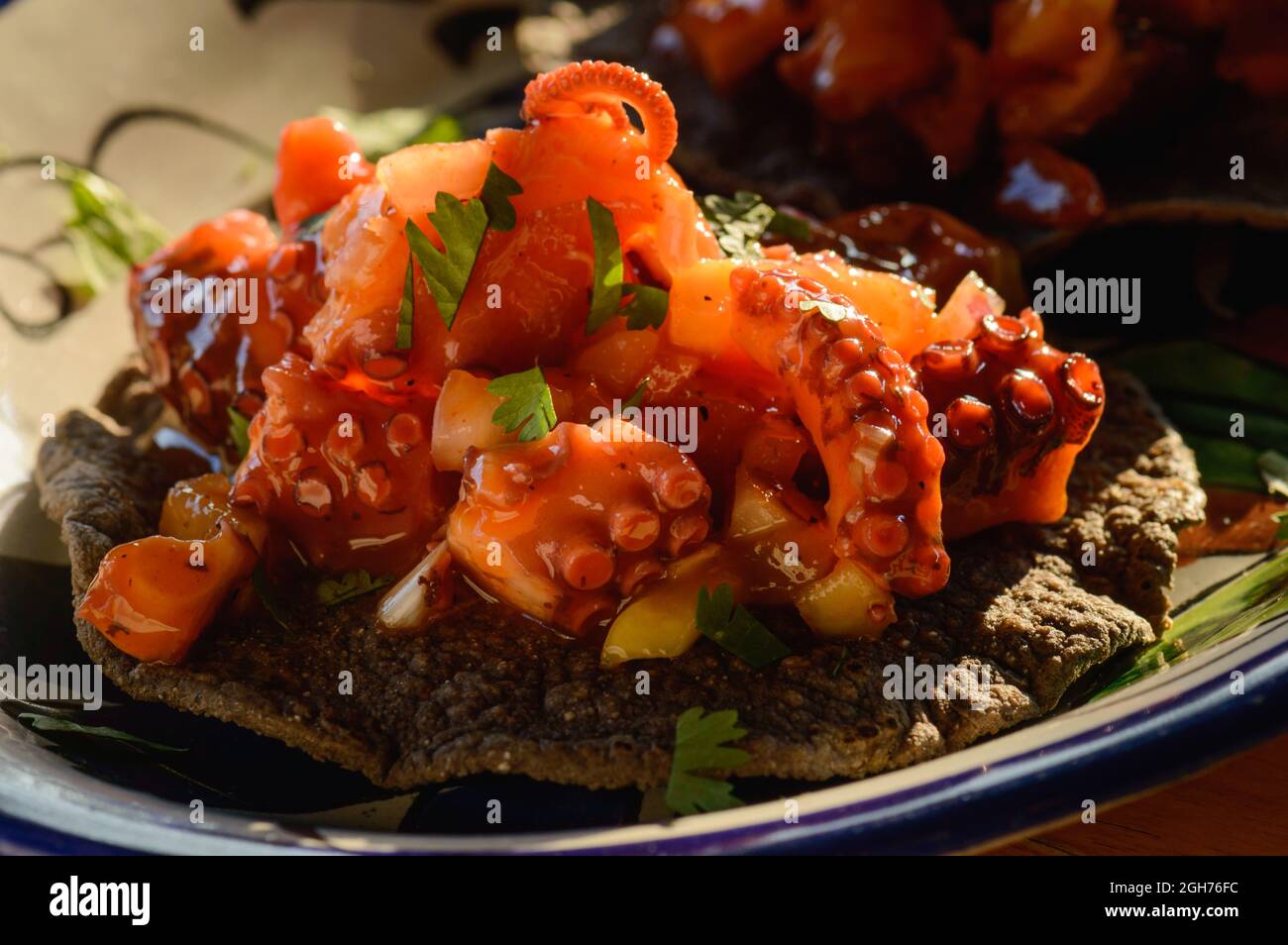 Octopus Ceviche on Blue Corn Tostadas, Mexican Seafood Dish Stock Photo ...