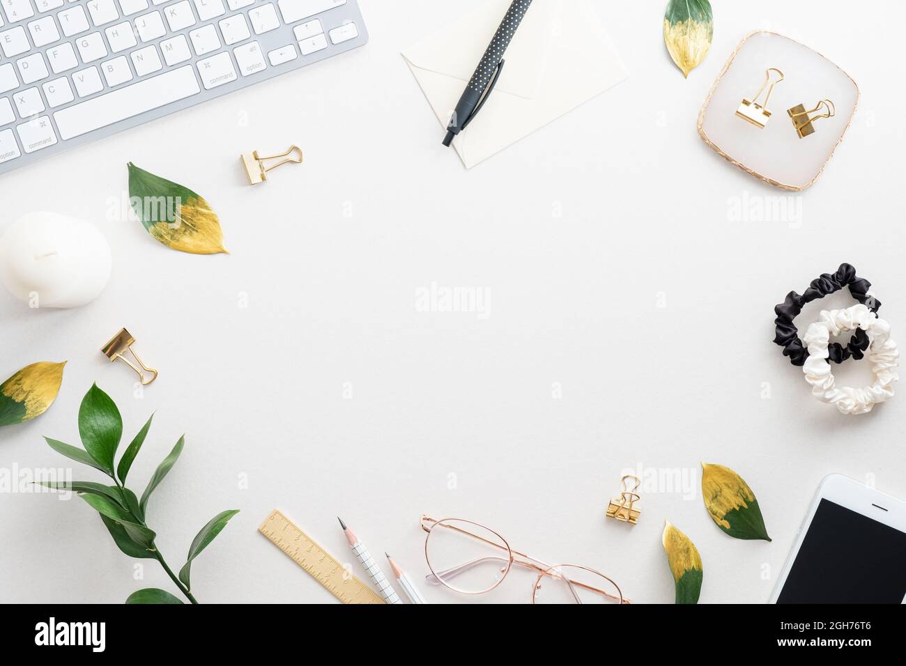 Flat lay home office desk table. Woman workspace with keyboard, fall ...