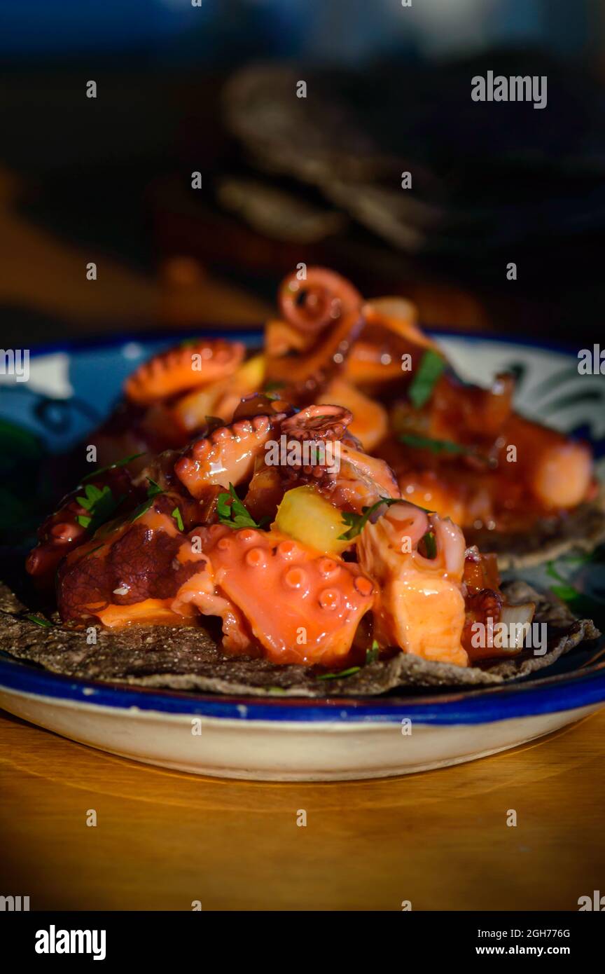 Octopus Ceviche on Blue Corn Tostadas, Mexican Seafood Dish Stock Photo ...