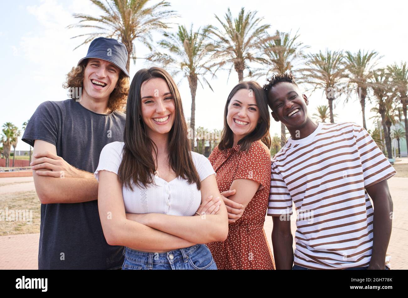 Portrait of young handsome interracial erasmus students. Group of happy ...