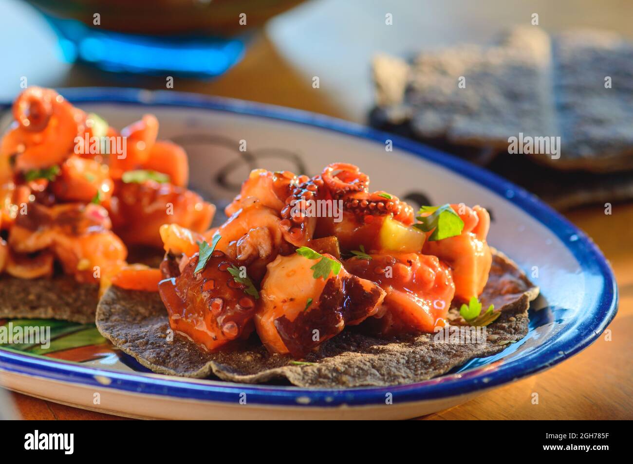 Octopus Ceviche on Blue Corn Tostadas, Mexican Seafood Dish Stock Photo ...