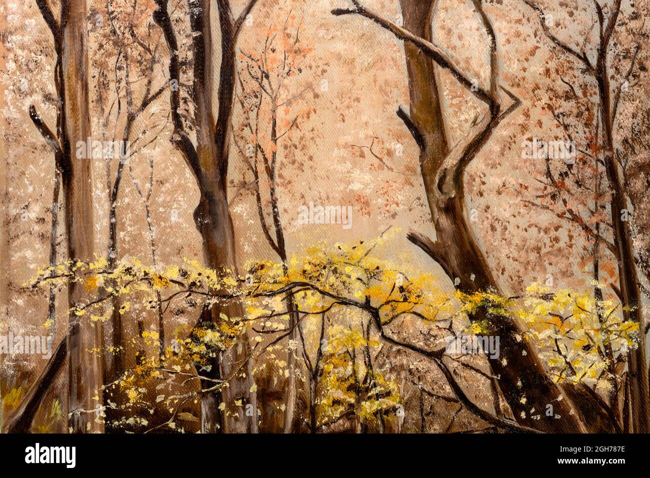 Fragment of oil painting depicting a blooming tree in the middle of the ...