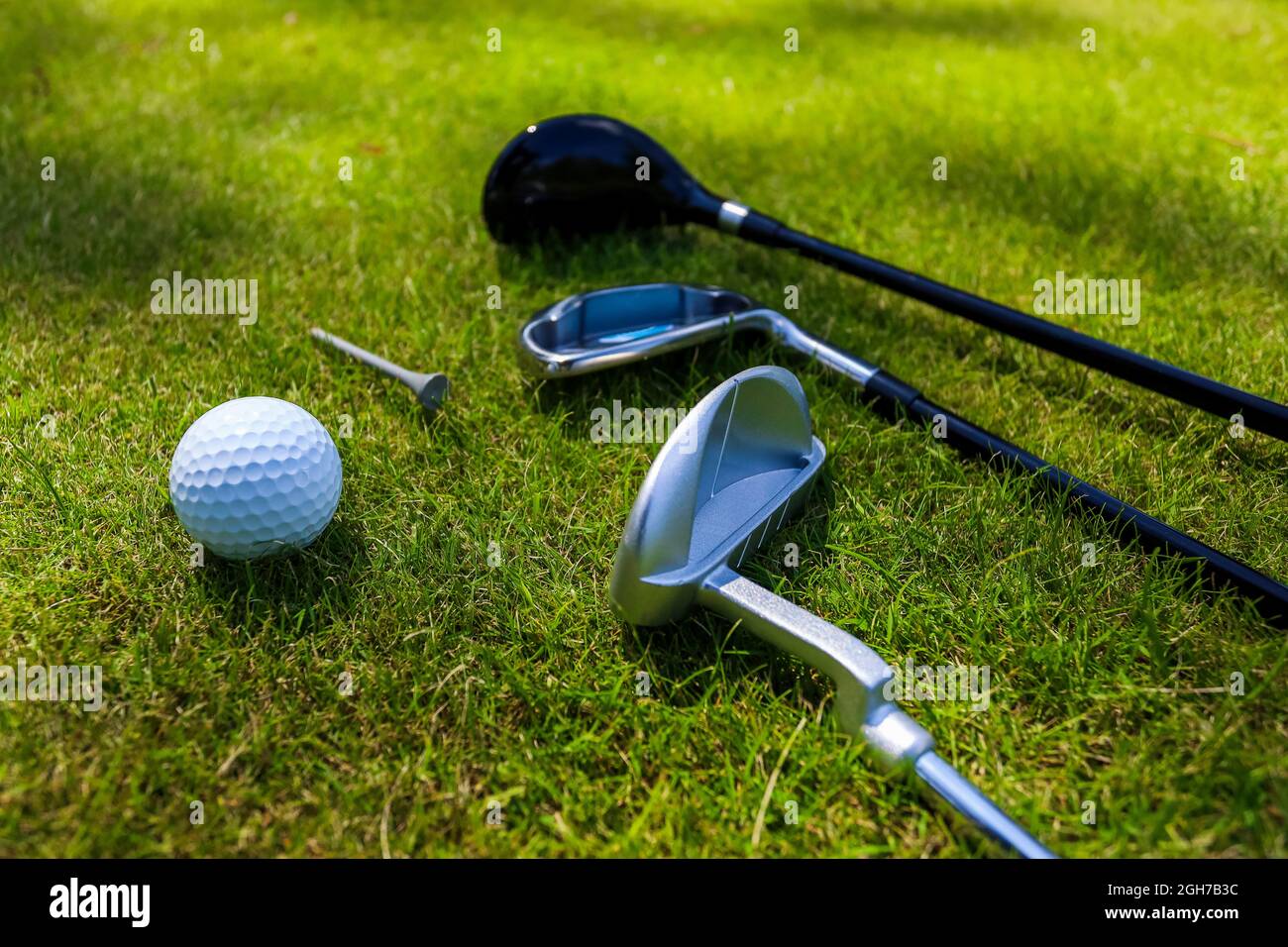 Golf clubs and ball lie on green grass in a rays of the everlasting sun ...