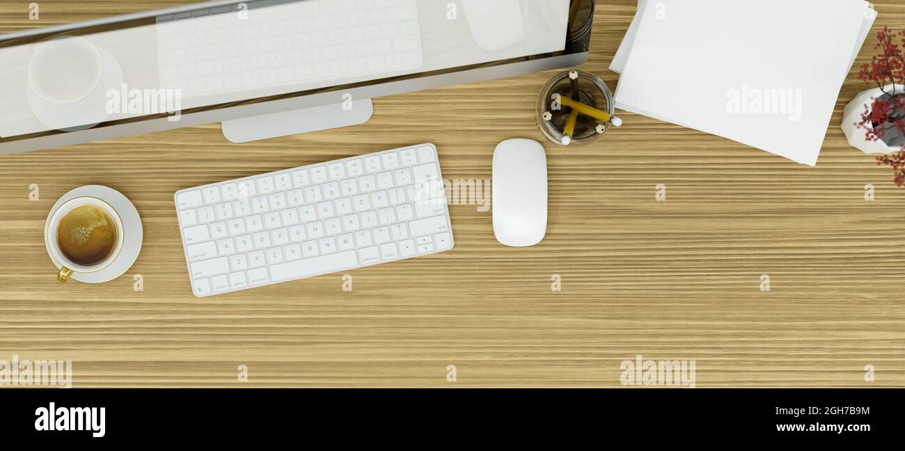 Top view, close up, Modern wooden office desk with desktop computer and ...