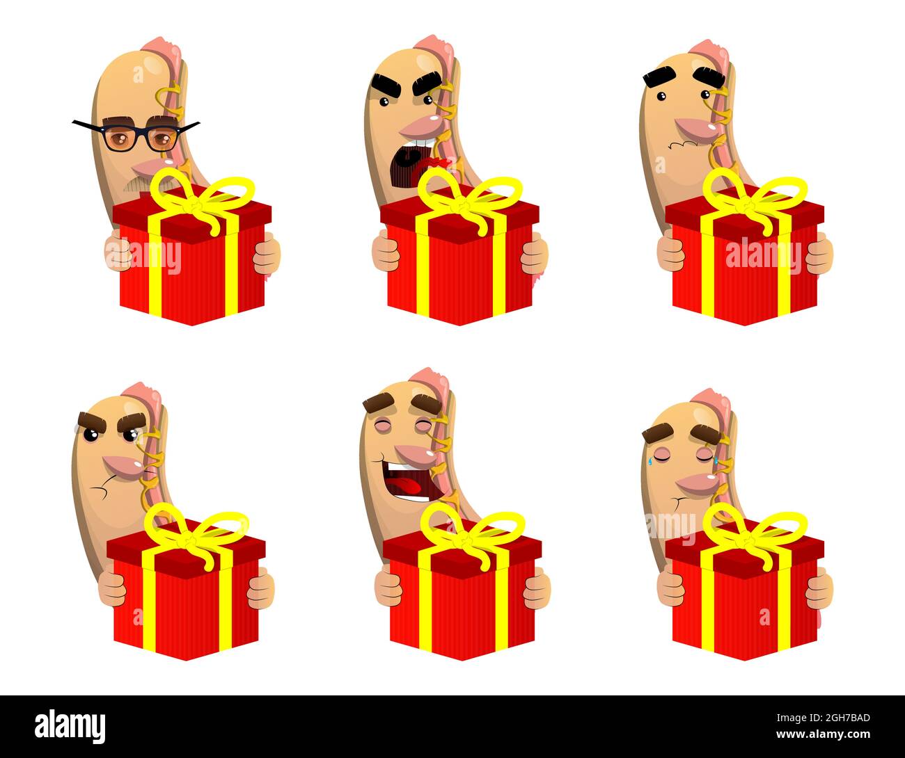 Hot Dog holding big gift box. American fast food as a cartoon character ...