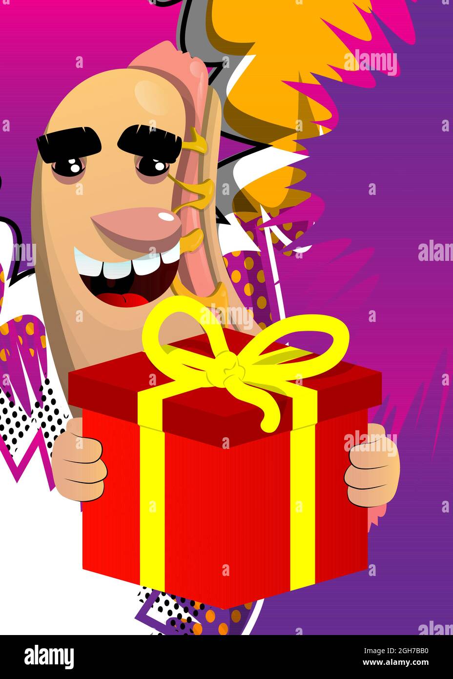 Hot Dog holding big gift box. American fast food as a cartoon character ...