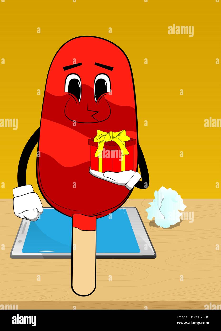 Ice Cream holding small gift box. Summer refreshment, sweet food as a ...