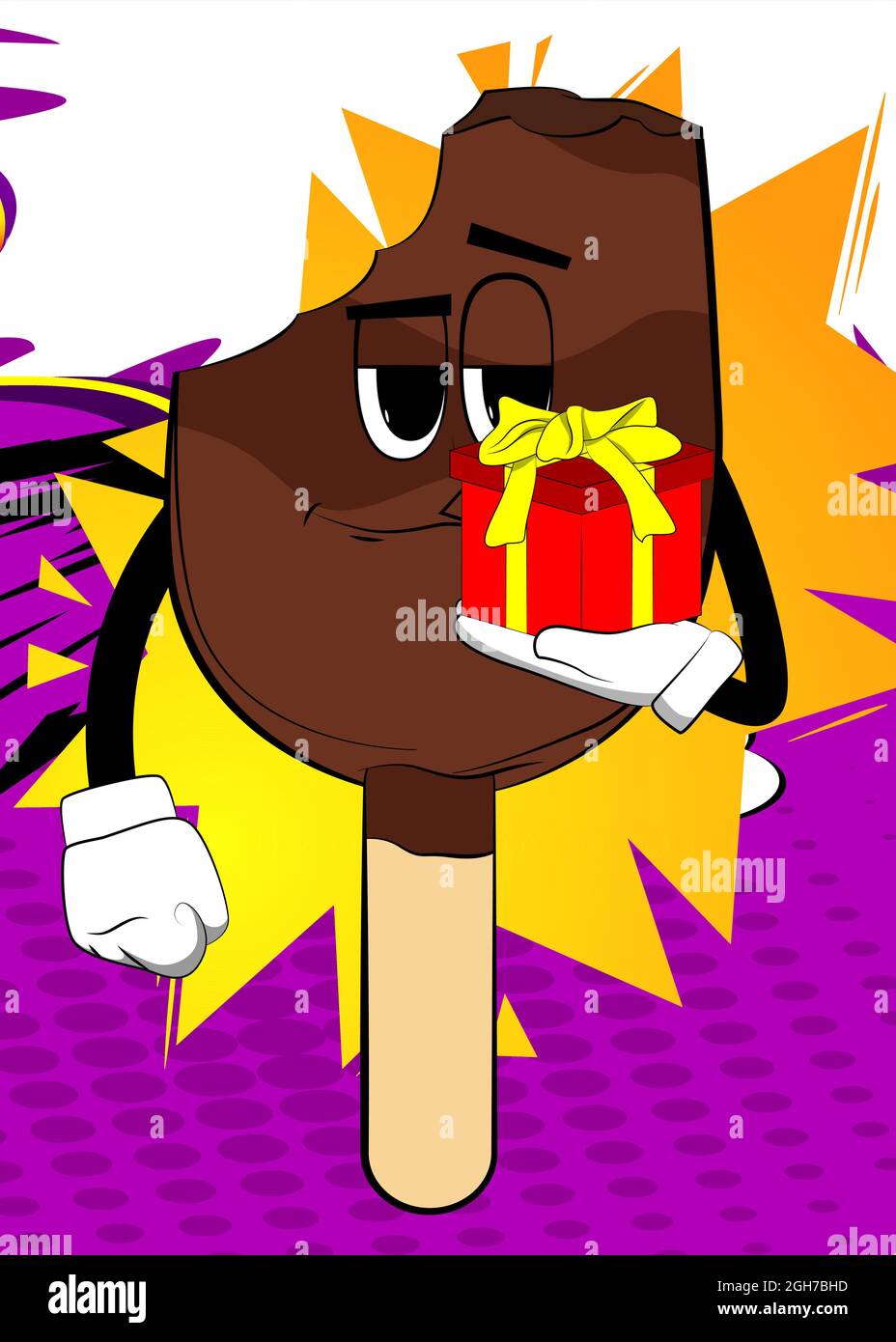 Ice Cream holding small gift box. Summer refreshment, sweet food as a ...