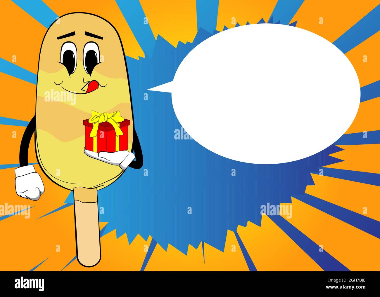 Ice Cream holding small gift box. Summer refreshment, sweet food as a ...