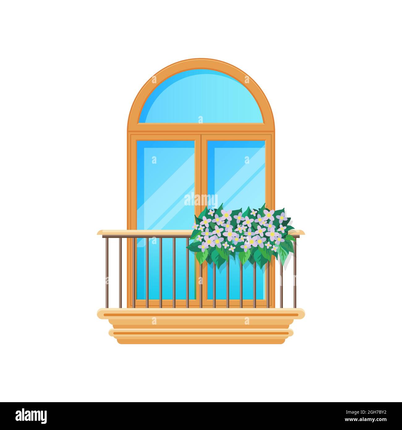 Balcony with window and fence railing or banister, vector building ...