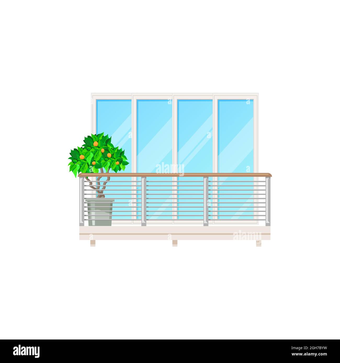 Balcony window, house building facade with fence railing or banister ...