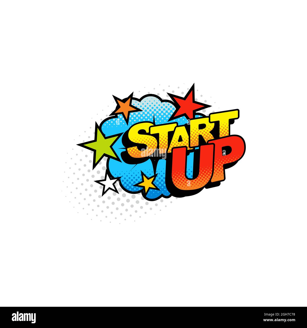 Comic burst startup start up chat halftone cloud with stars isolated ...
