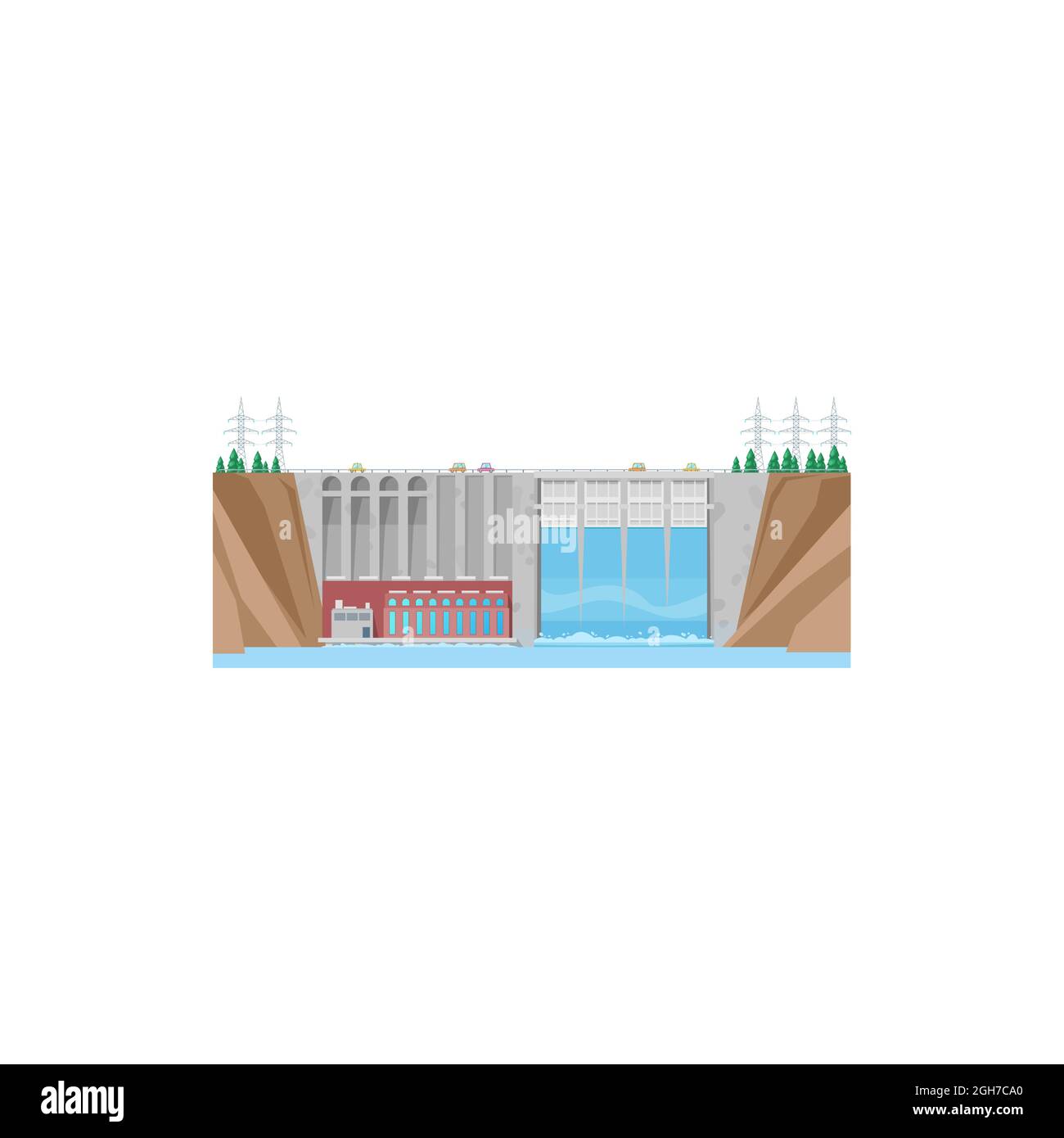 Hydroelectric power plant, water energy station, vector hydro dam ...