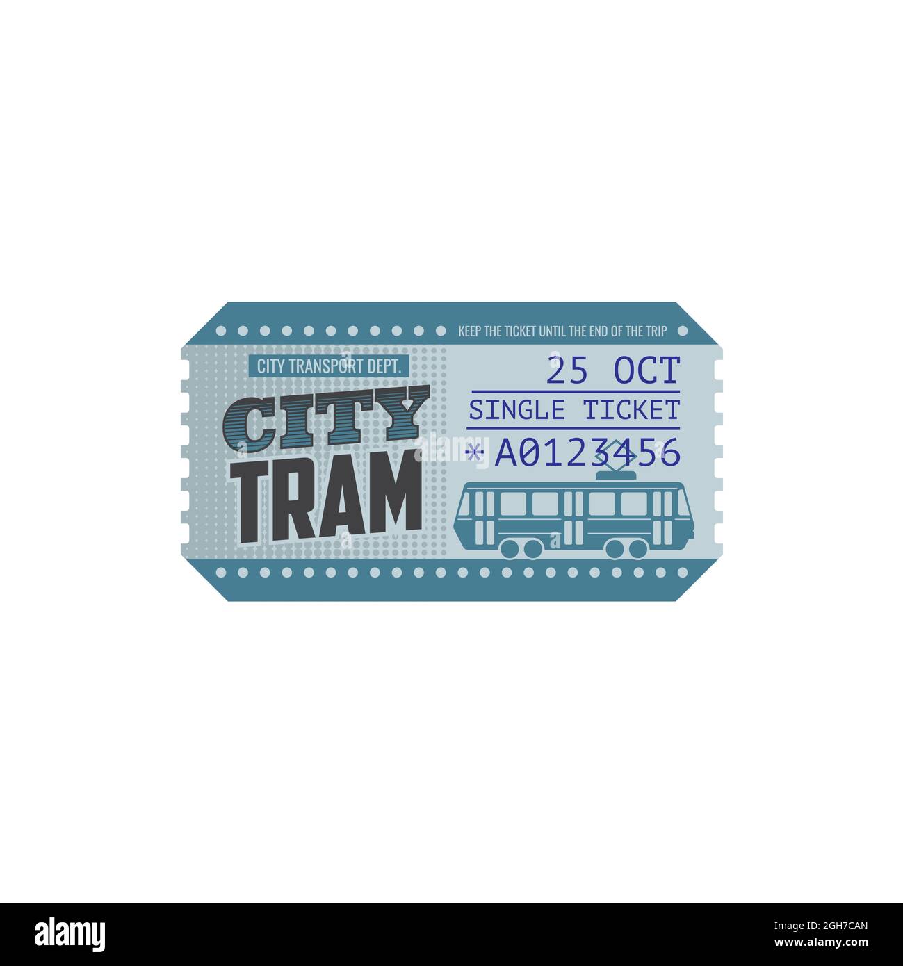 Tram ticket isolated blue control pass template. Vector city transport ...