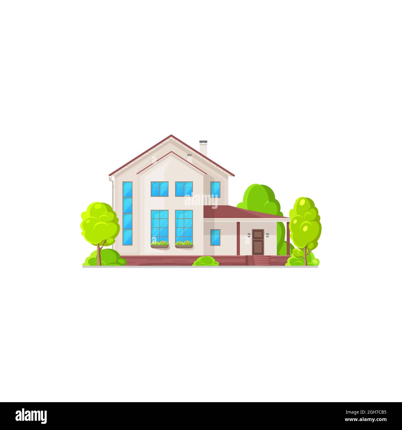 Country house, urban private home with chimney pipe, mansard roof, big ...