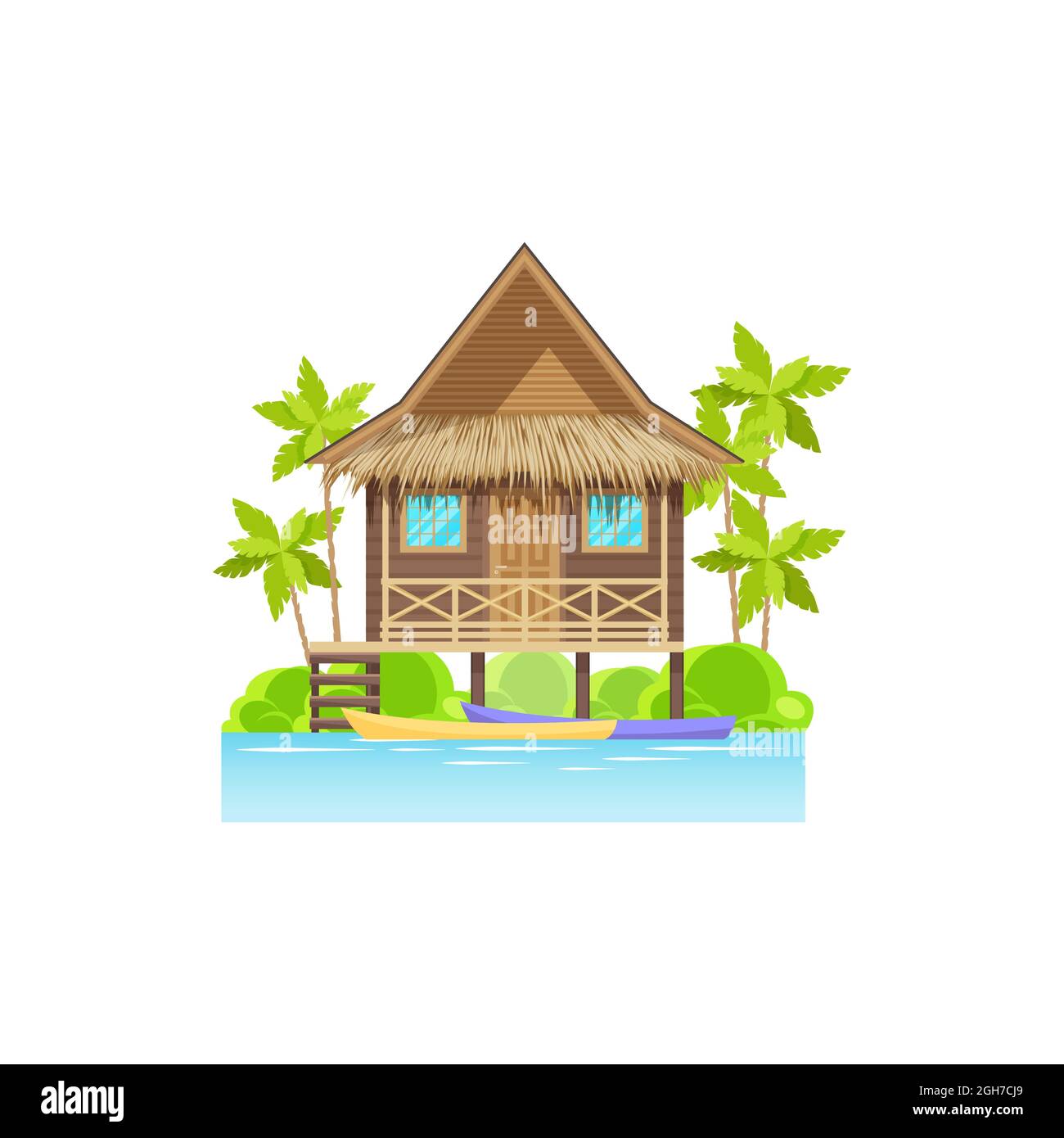 Wooden house on sea or ocean with canoe boats, palm trees isolated ...