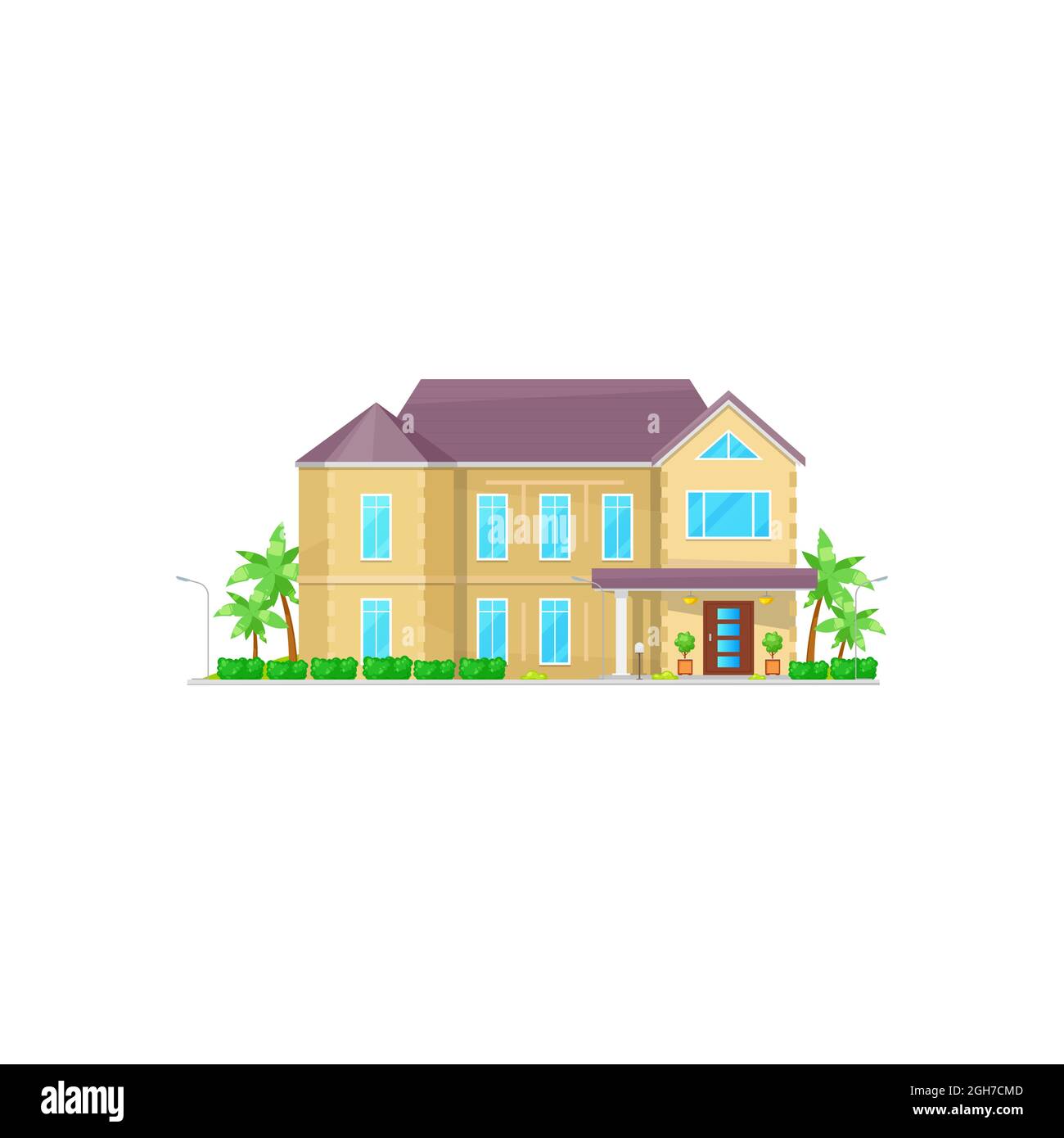 Country house, urban private home villa with palm trees, roof and ...