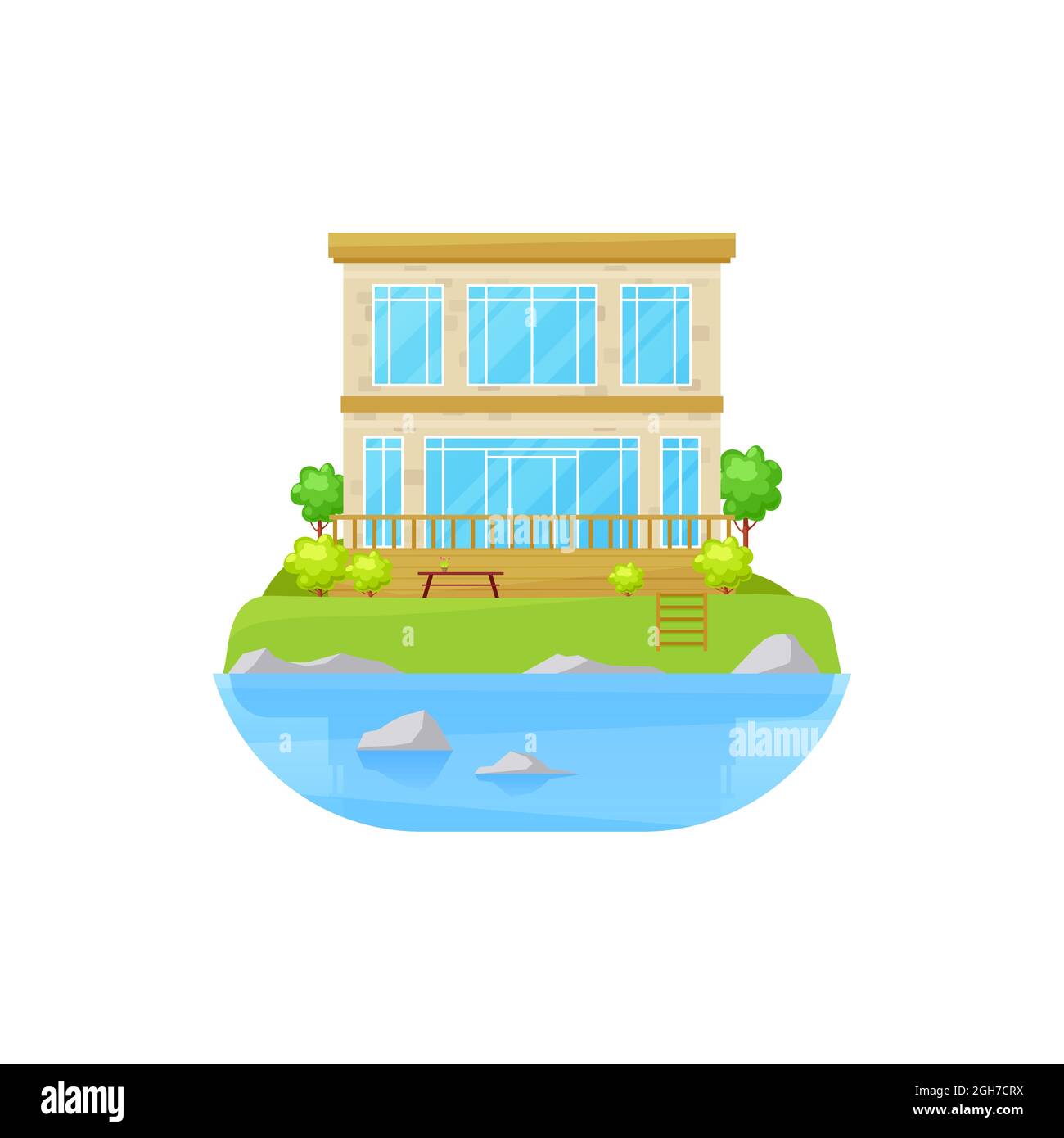 House at lake, villa mansion at water, cottage home at sea or park pond ...
