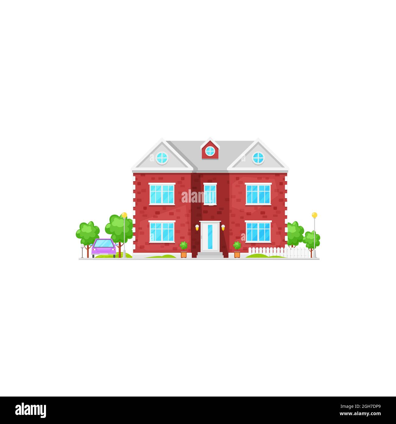 Vector house exterior with c windows and garden trees isolated cartoon ...