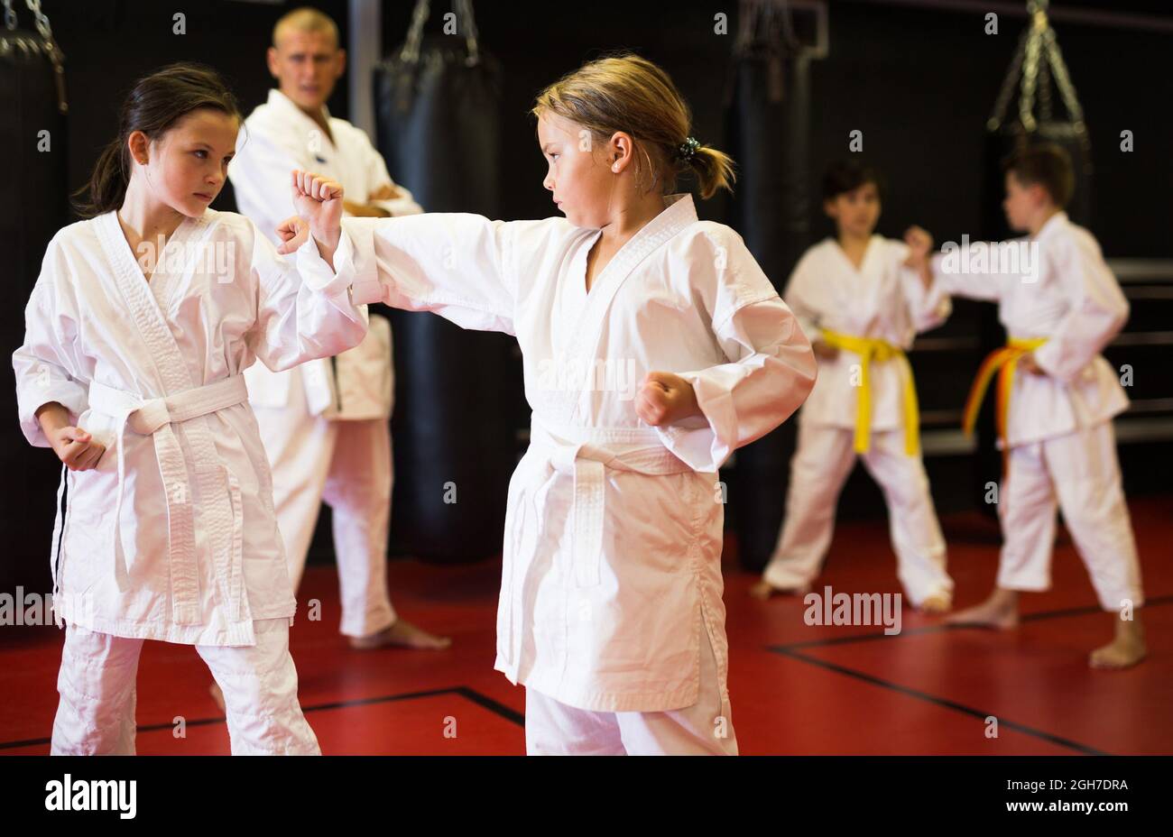 School girls practicing new karate moves in pairs Stock Photo - Alamy