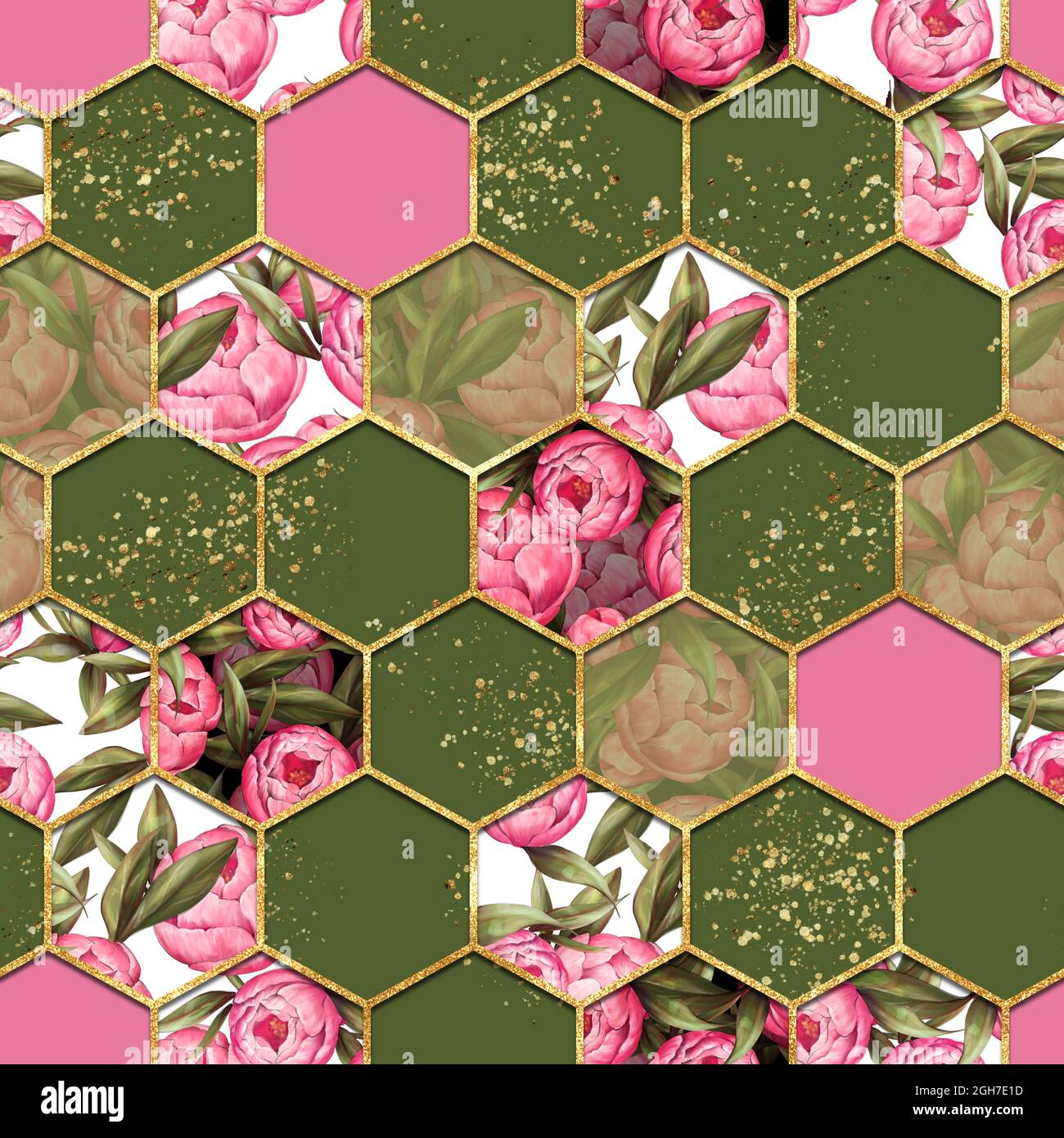 Hexagon seamless texture with pink peony flowers. Decorative pattern ...