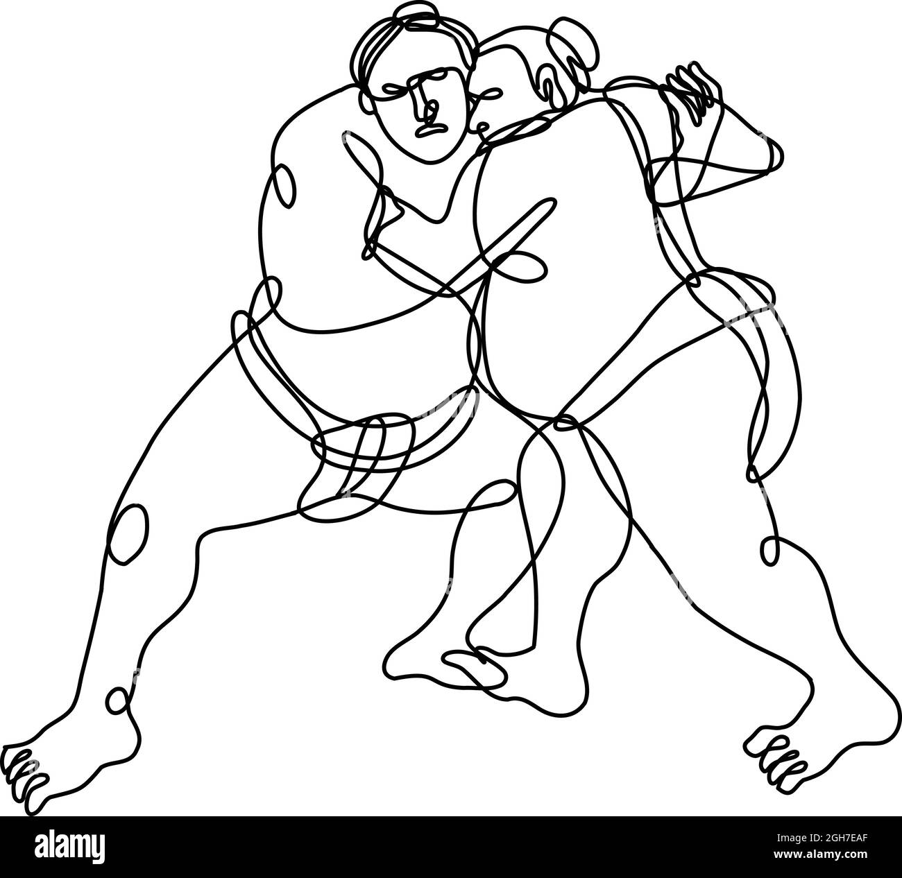 Continuous line drawing illustration of a two Japanese sumo wrestler or ...