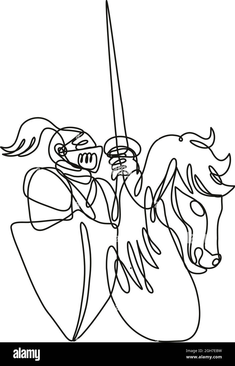 Continuous line drawing illustration of a knight with lance and shield ...