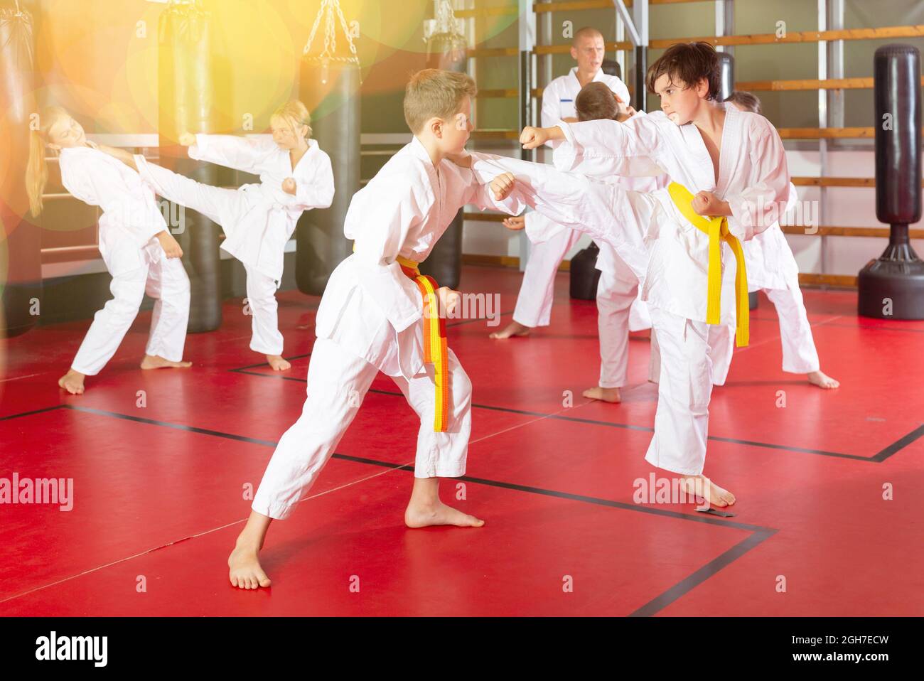Kids working in pair, mastering kicks in karate class Stock Photo - Alamy