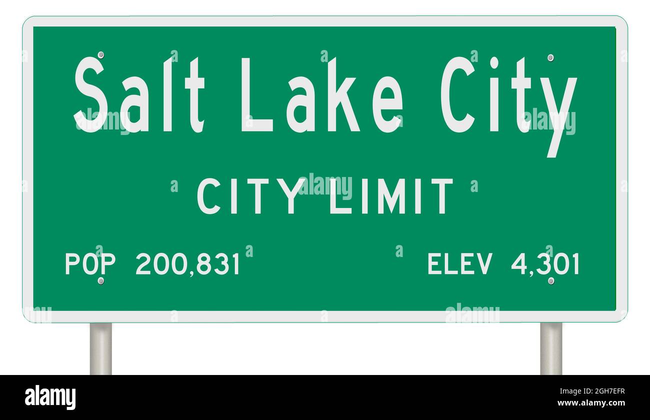 Rendering of a green Utah highway sign with city information Stock ...