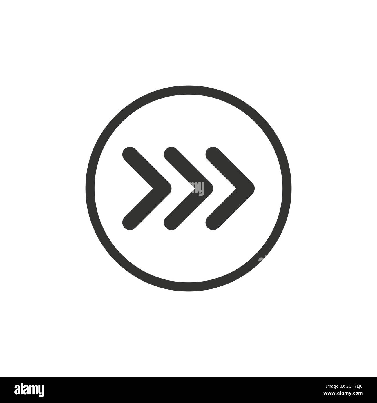 Black vector chevron arrows pointing right in circle, three arrows in row. road sign for turn ...