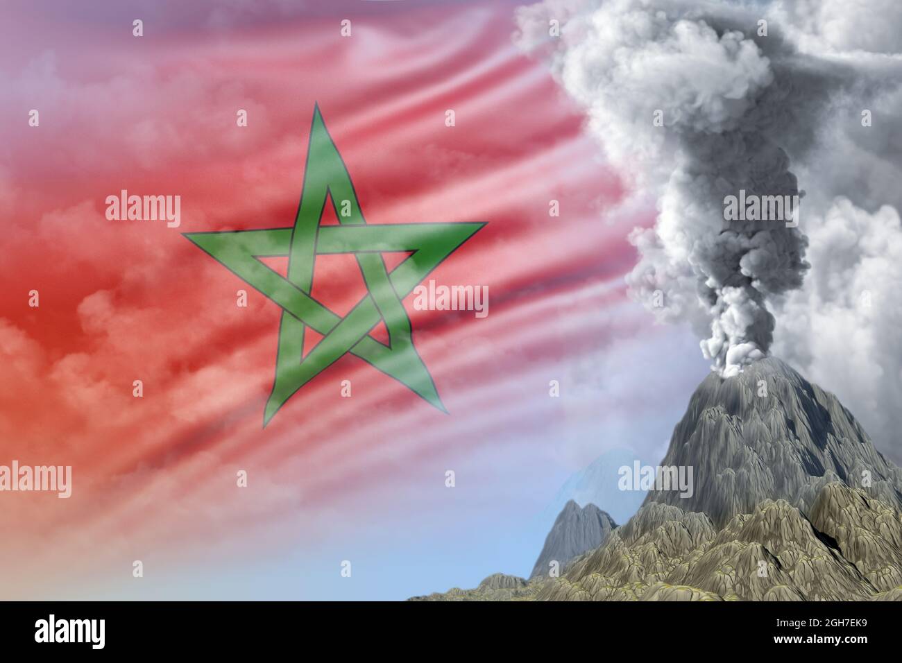 high volcano eruption at day time with white smoke on Morocco flag ...