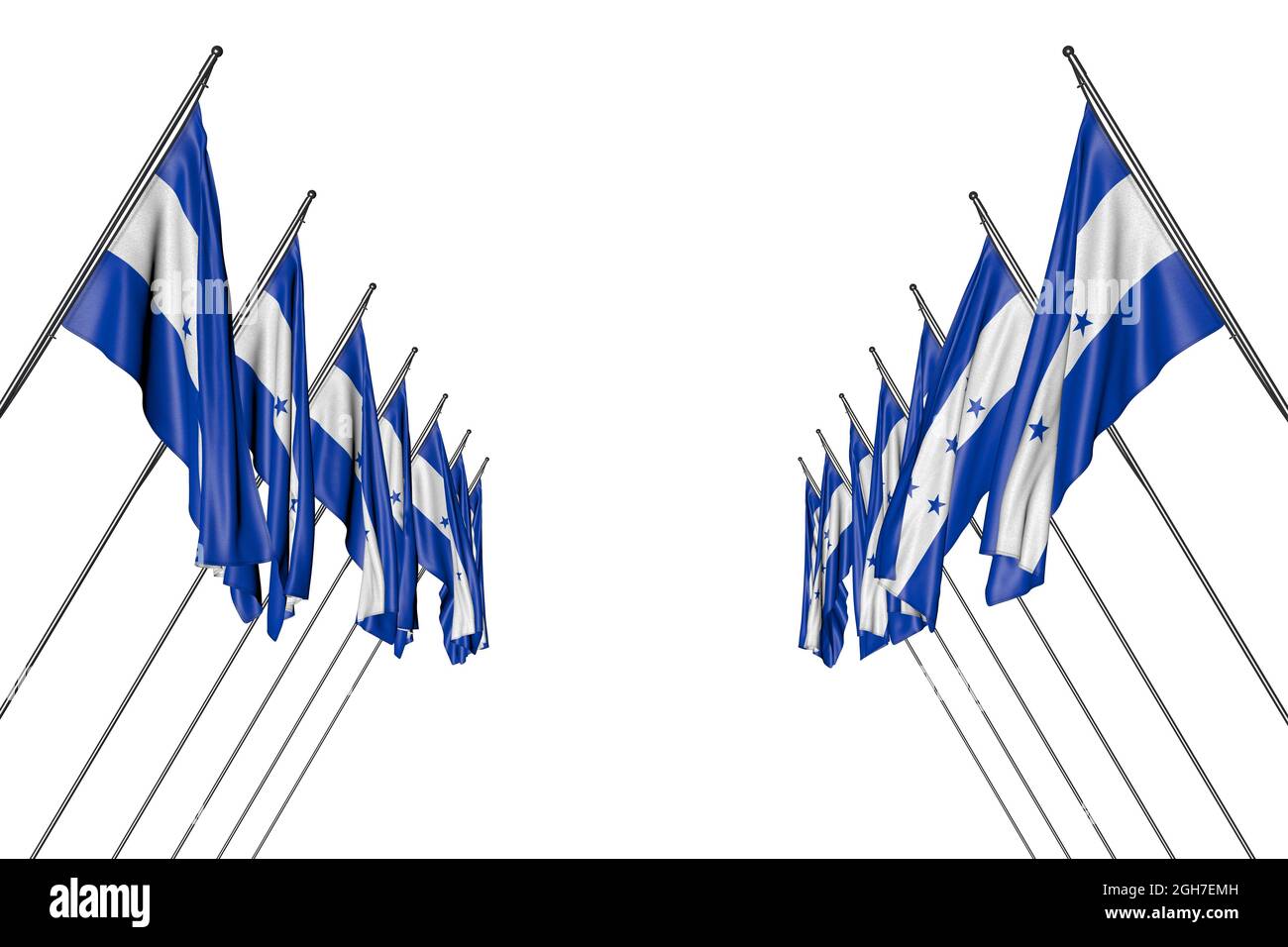 cute many Honduras flags hanging on diagonal poles from left and right ...