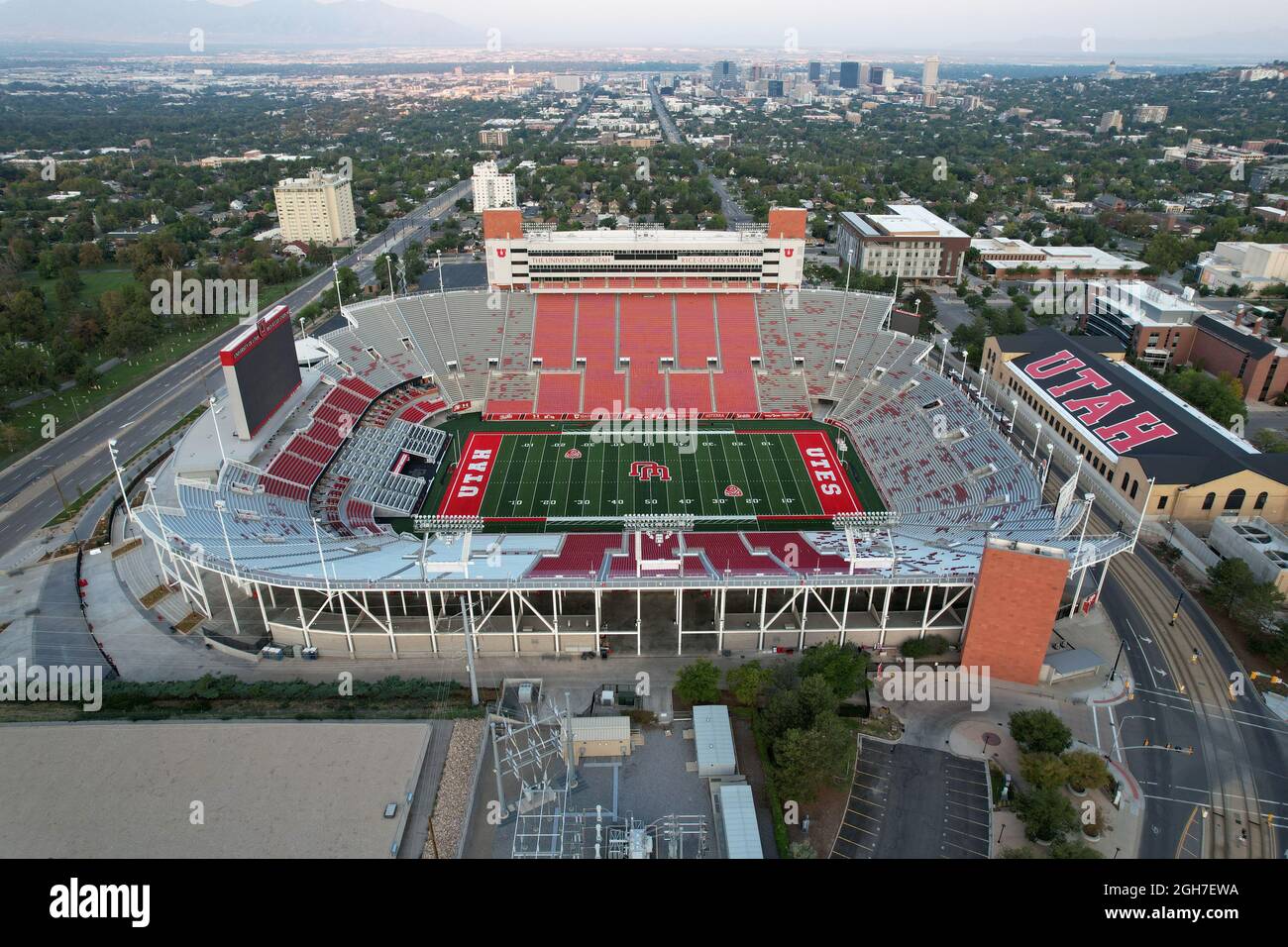 An aerial view of Rice-Eccles Stadium on the campus of the University ...
