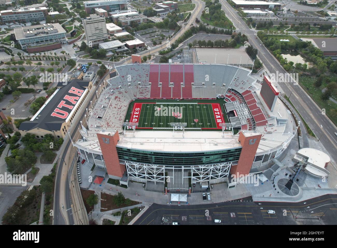 An aerial view of Rice-Eccles Stadium on the campus of the University ...