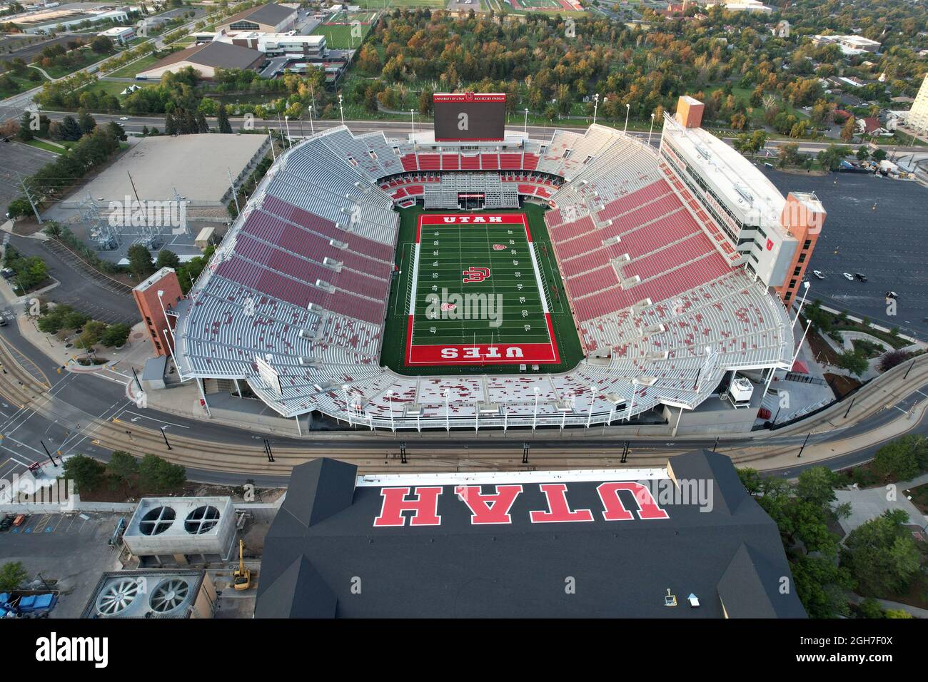 An aerial view of Rice-Eccles Stadium on the campus of the University ...
