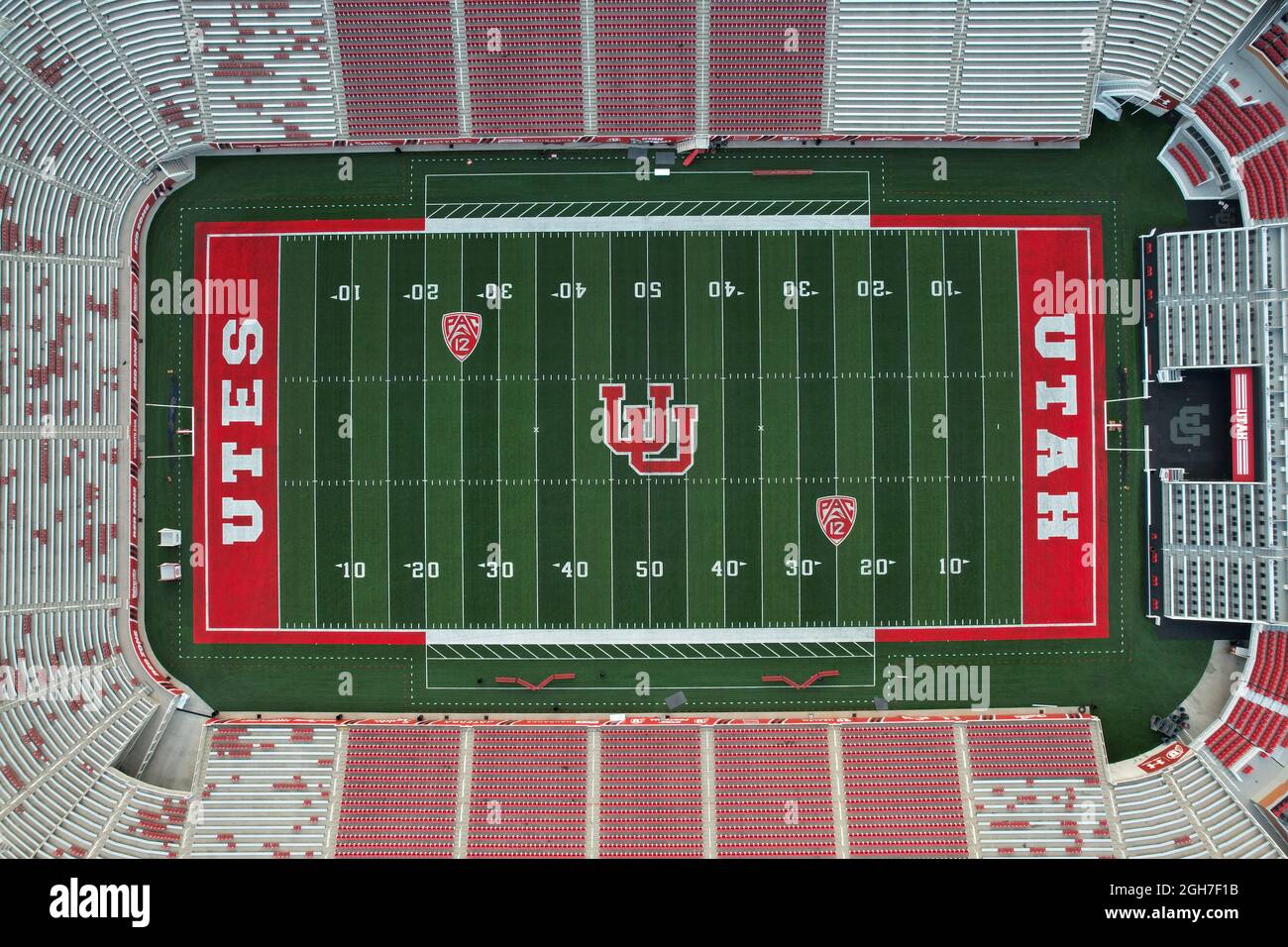 An aerial view o the Utah Utes and Pac-12 Confernce logos on the ...