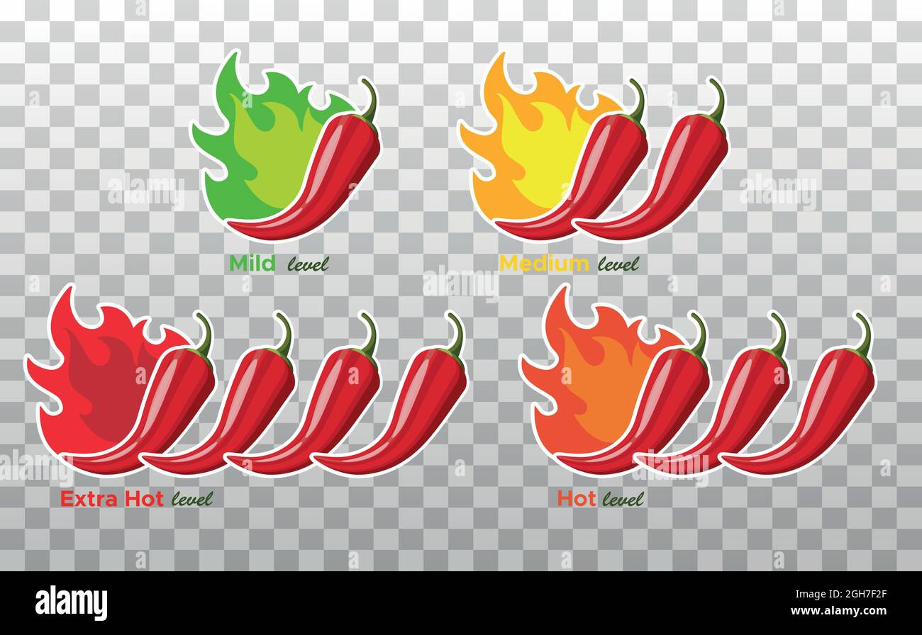 Icons with Chili Pepper Spice Levels. Hot pepper sign with fire flame ...