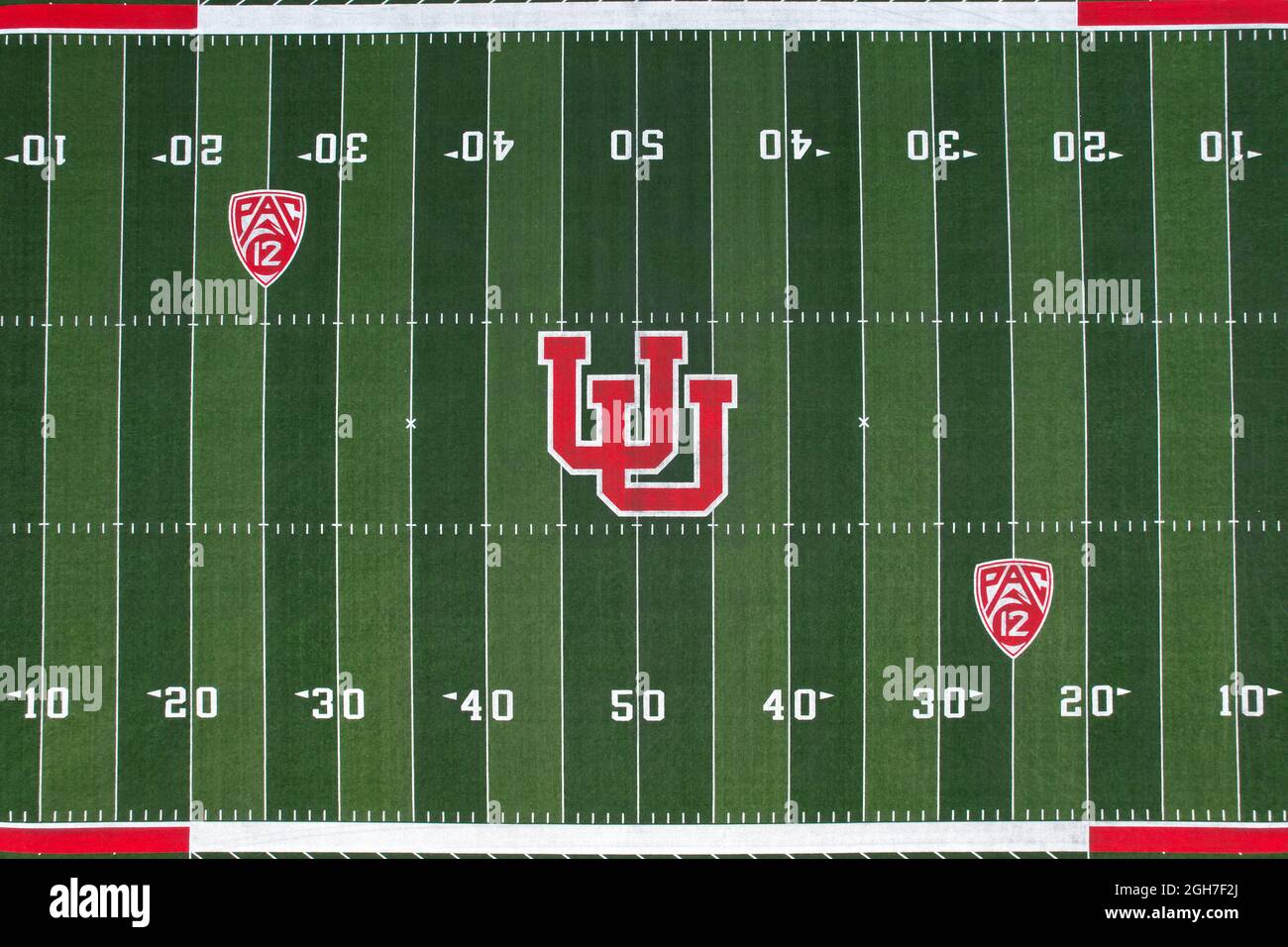 An aerial view o the Utah Utes and Pac-12 Confernce logos on the ...