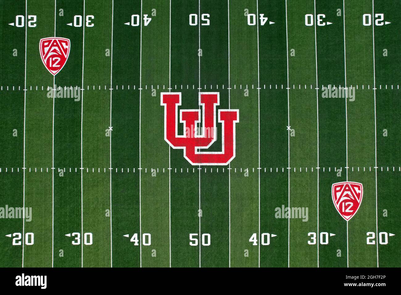 An aerial view o the Utah Utes and Pac-12 Confernce logos on the ...