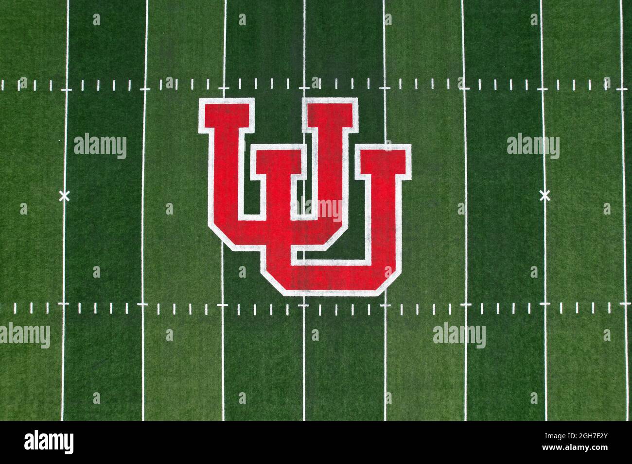 An aerial view o the Utah Utes logo on the football field at f Rice ...