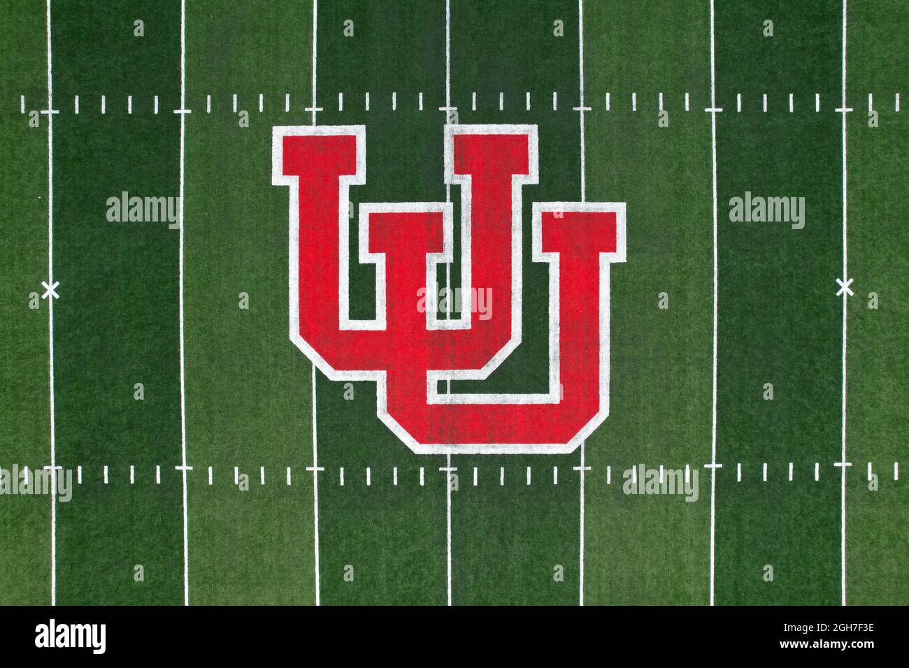 An aerial view o the Utah Utes logo on the football field at f Rice ...