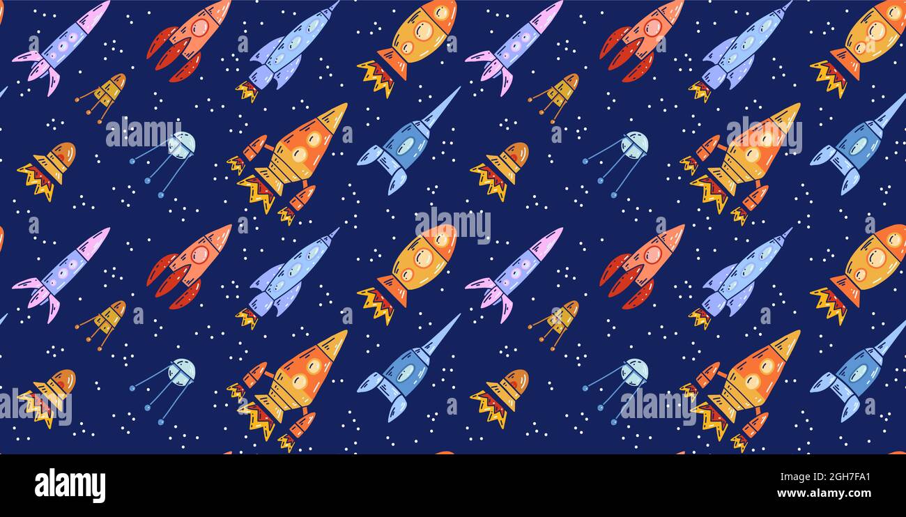Seamless space texture with spaceships and stars on a dark background ...
