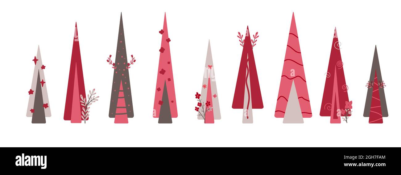 Set of geometric, stylized fir trees with floral, star and doodle line ...