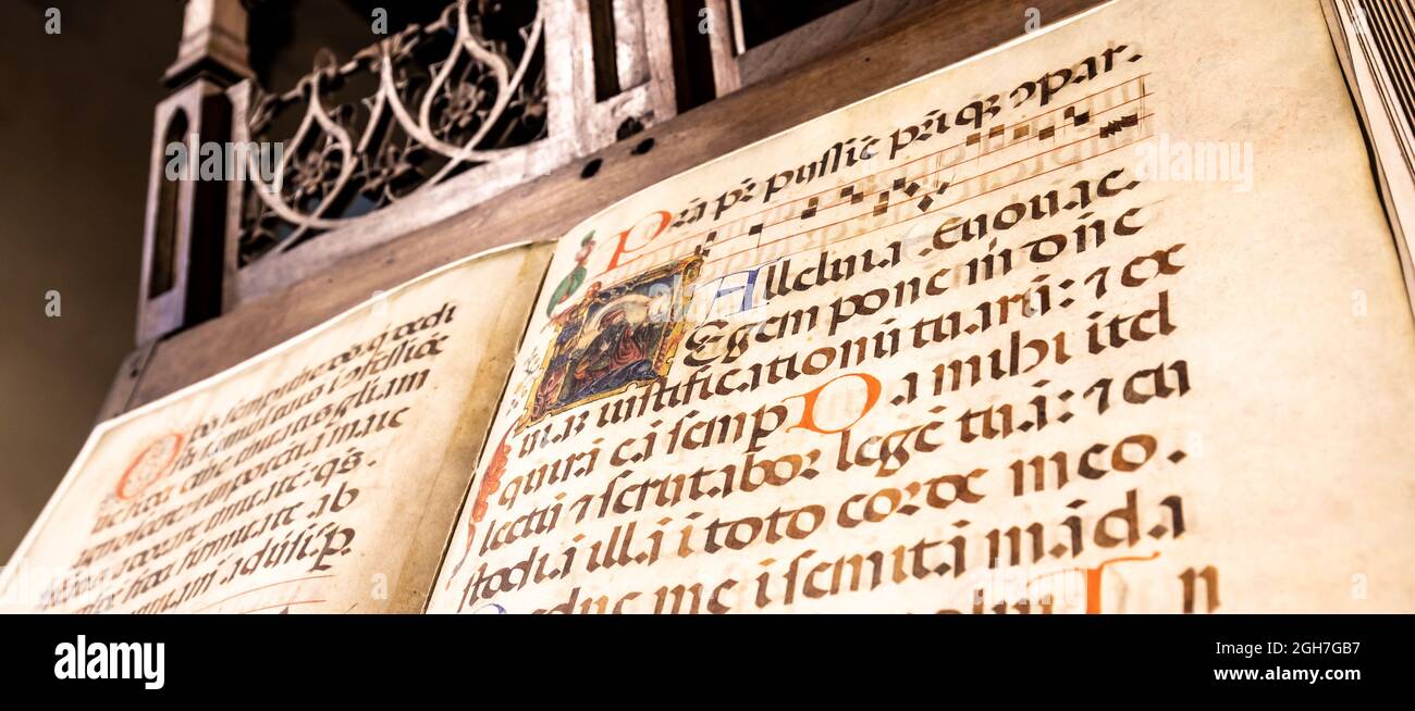 TURIN, ITALY - CIRCA MAY 2021: antique Medieval manuscript with ancient ...