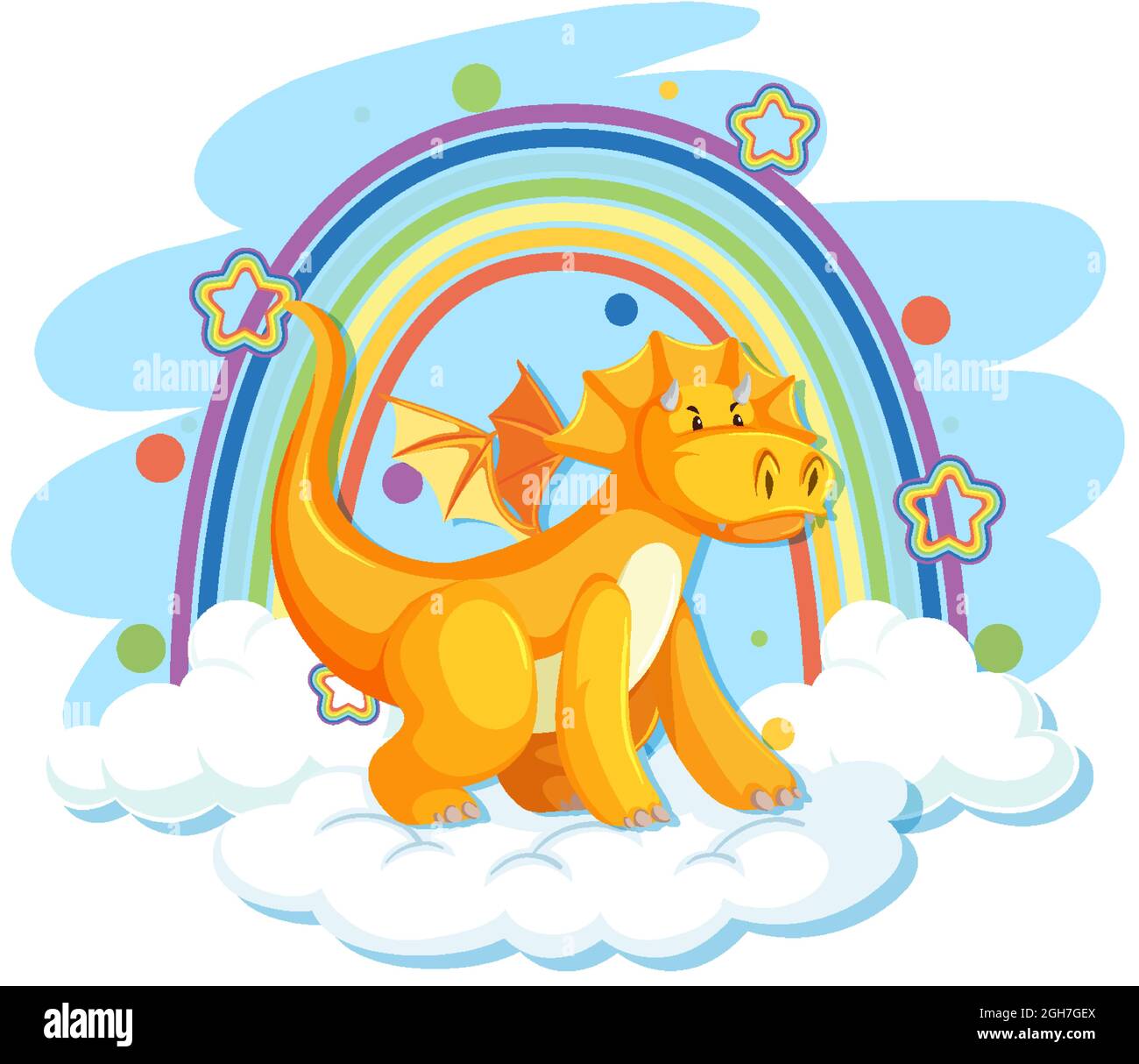 Cute yellow dragon on the cloud with rainbow illustration Stock Vector ...