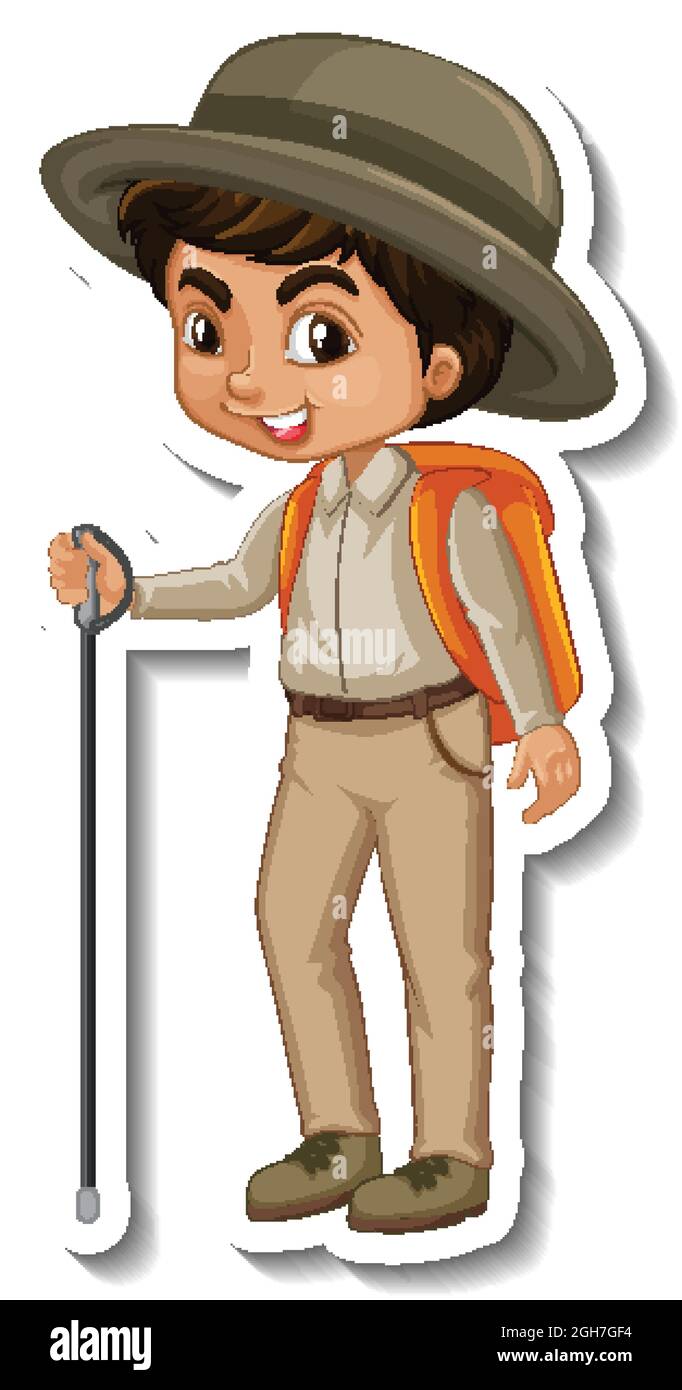 Boy in safari outfit cartoon character sticker illustration Stock ...